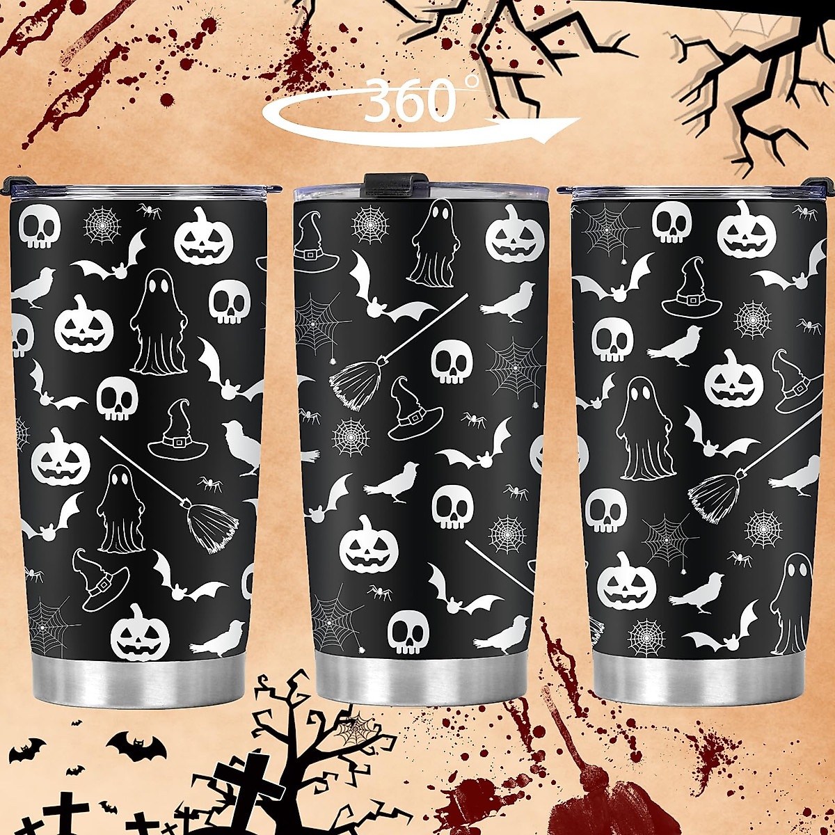 FatWongcoi Halloween Tumbler - Horror Halloween Cups for Women - 20oz Wizard Hat Ghost Skull Bat Stainless Steel Tumbler - Gothic Gift for Her - Spooky Coffee Mug for Friend