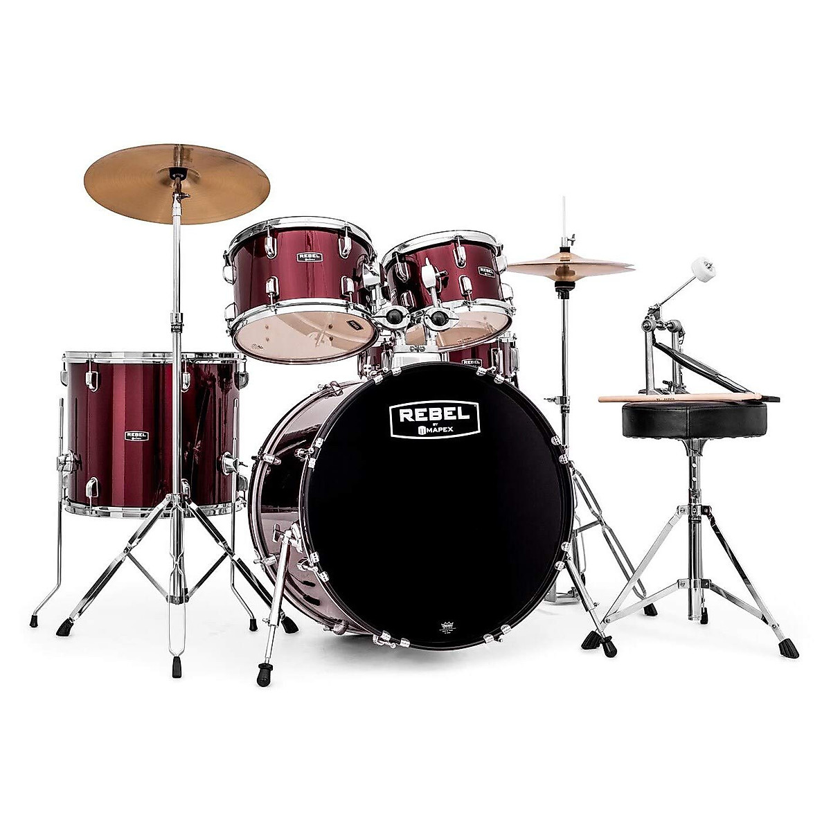 Mapex RB5294FTCDR Rebel 5-Piece Drum Set with Hardware, Cymbals and 22" Bass Drum - Dark Red