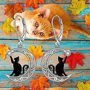Black Cat Earrings For Women Sterling Silver 925 Kitty Cat Moon Earrings Dangle Jewelry Hypoallergenic Leverback Cute Valentines Christmas Gifts