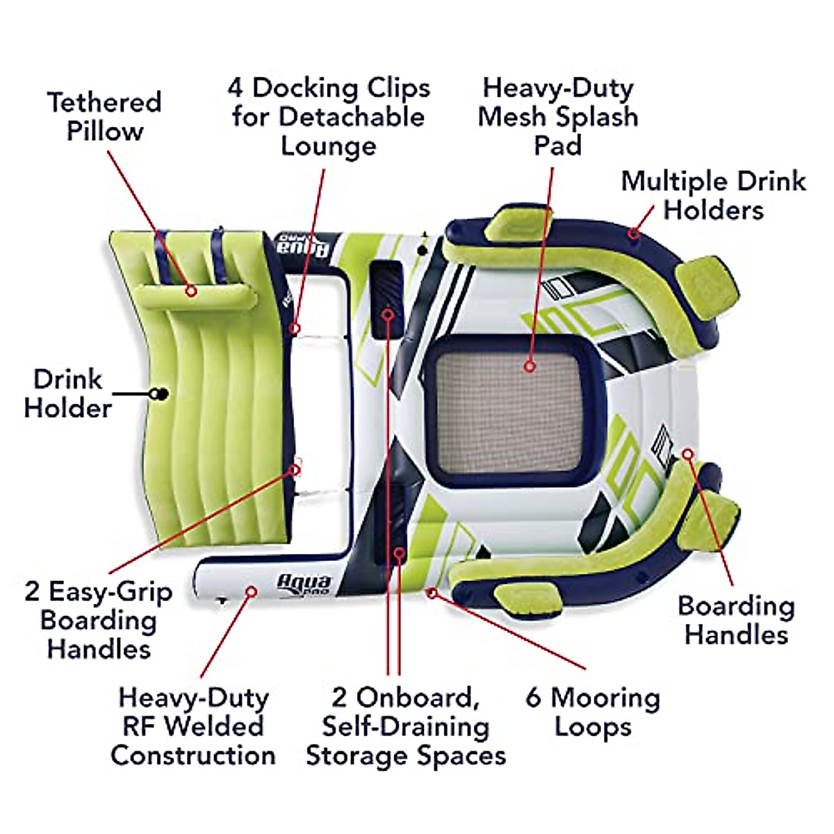 Aqua Inflatable Lake Float for Adults | Floating Island - Dock - Lake Raft with Docking Lounger, Navy/Lime/White