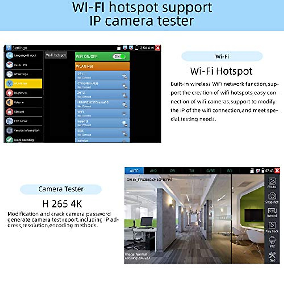 IP Camera Tester CCTV Tester, Koolertron 7 Inch IPS Touch Screen H.265 4K AHD, TVI, CVI & CVBS Analog Camera RJ45 Cable TDR Tester with PoE/IP Discovery/8G TF Card/4K HDMI in & Out/Built in WiFi