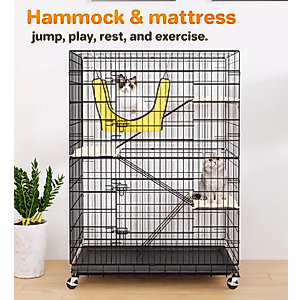 Collapsible Cat Cage, 4-Tier 48 Inches Metal Large Cat Kennel Ferret Enclosure Chinchilla Cage with 360° Rotating Casters/Ramp/Ladders/Hammock for Indoor/Outdoor Kitten