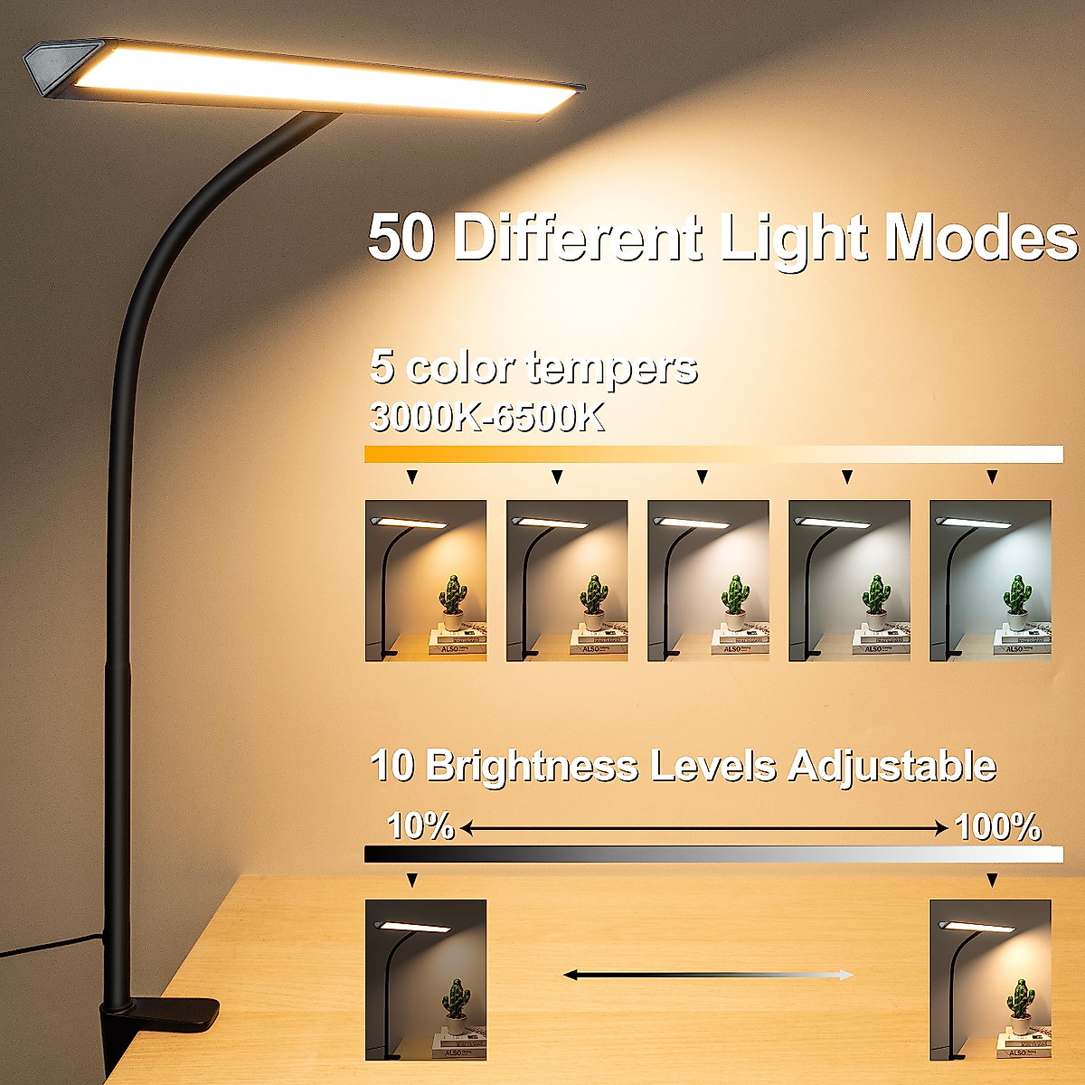 KAiSnova LED Desk Lamp with Clamp, 10W Clip Lamp for Desk 50 Lighting Modes Computer Monitor Lights 360° Flexible Gooseneck Desktop Lighting for Office Home Video Conferencing Workbench Drafting