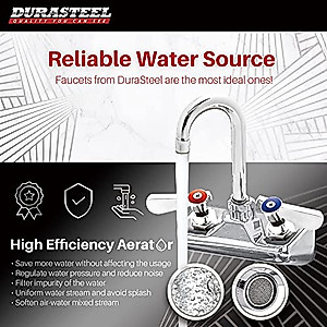 Kitchen Sink No Lead Faucet - DuraSteel 4" Center Wall Mounted Commercial Kitchen Sink Faucet with 3-1/2" Gooseneck Spout - NSF Certified - Dual Lever Handles - Brass Constructed & Chrome Polished