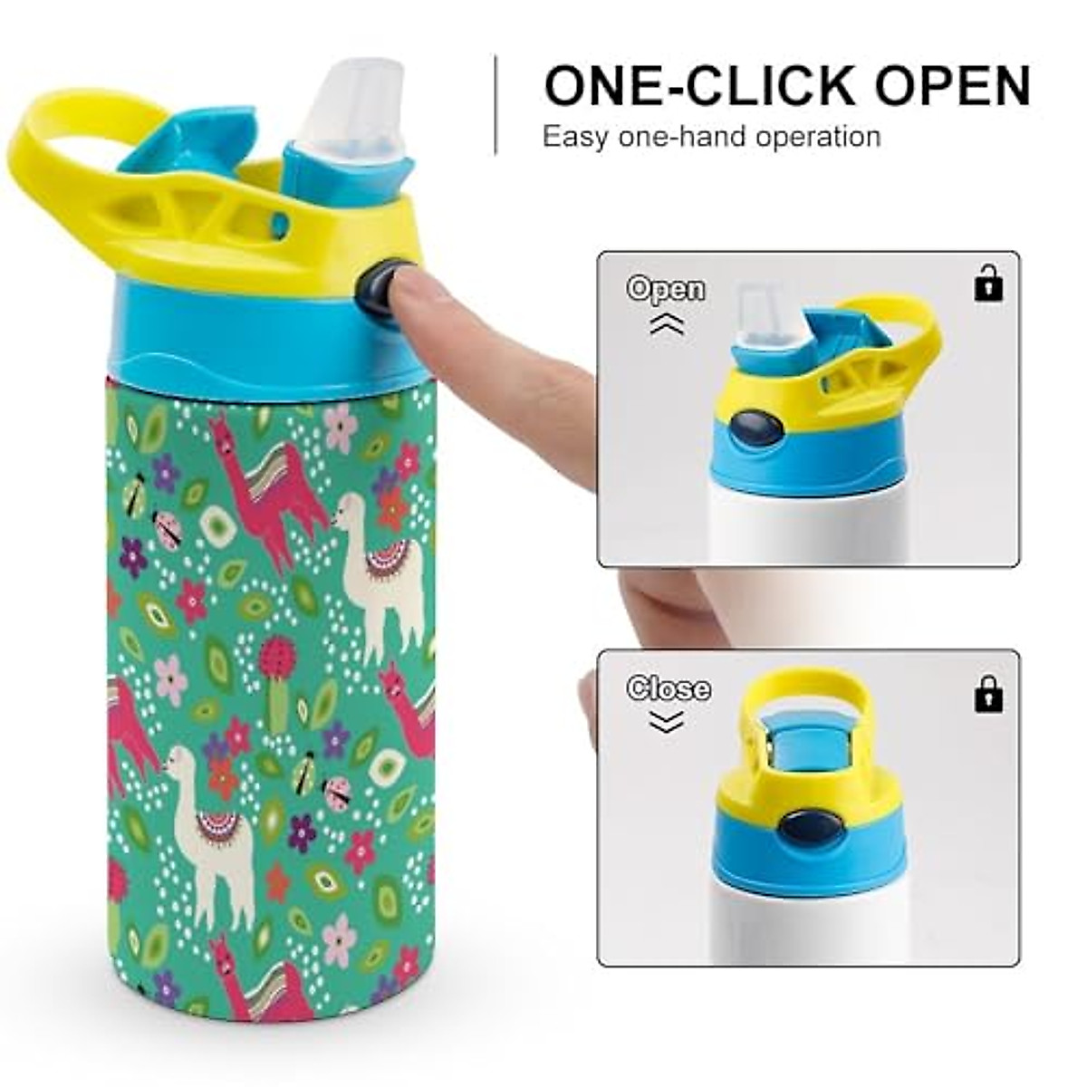 Kids Water Bottle with Straw Lid Cute Llama with Flower Cactus Ladybug Print 12 Oz/350 Ml Stainless Steel Reusable Thermos Bottles