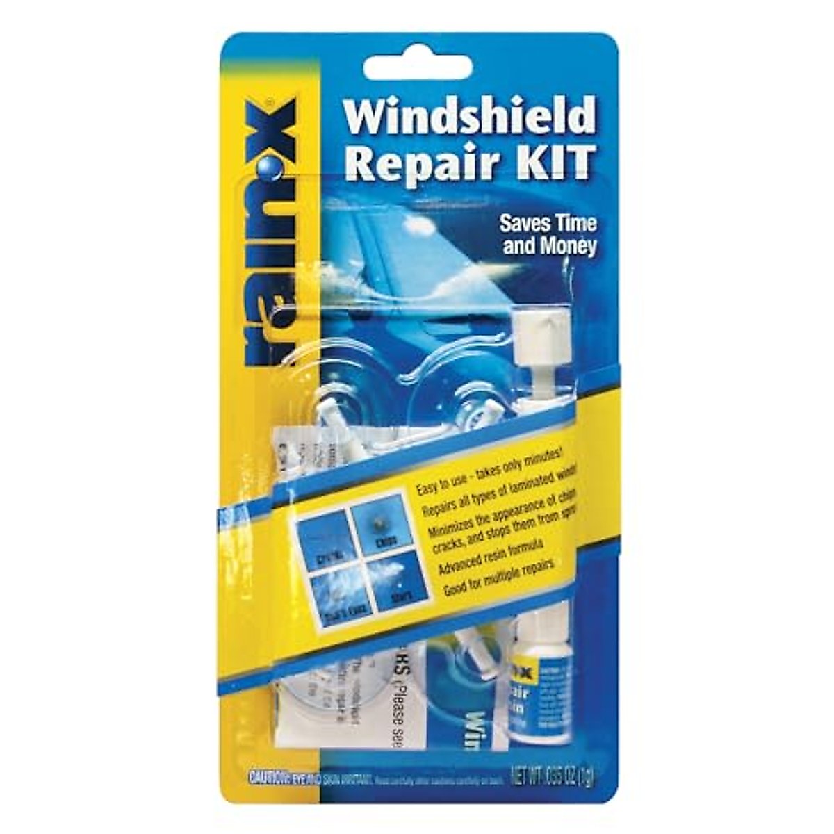 Rain-X 600001 Windshield Repair Kit - Quick And Easy Durable Resin Based Kit for Chips and Cracks, Good For Round Damage Below 1" In Diameter And Cracks Smaller Than 12" In Length, BLUE,YELLOW
