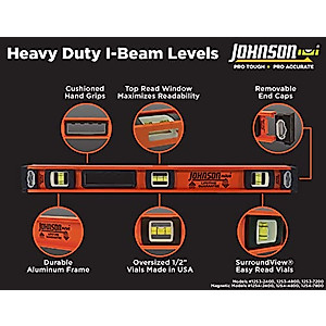 Johnson Level & Tool 1254-2400 Magnetic Heavy Duty I-Beam Aluminum Level, 24", Orange, 1 Level