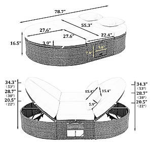 BAMOOLI Patio Daybed, Outdoor Sun Bed with Adjustable Backrests and Foldable Cup Trays, Reclining Outdoor Lounger Wicker Rattan Patio Daybed with Cushions and Pillows, Round Daybed for Garden, Beige
