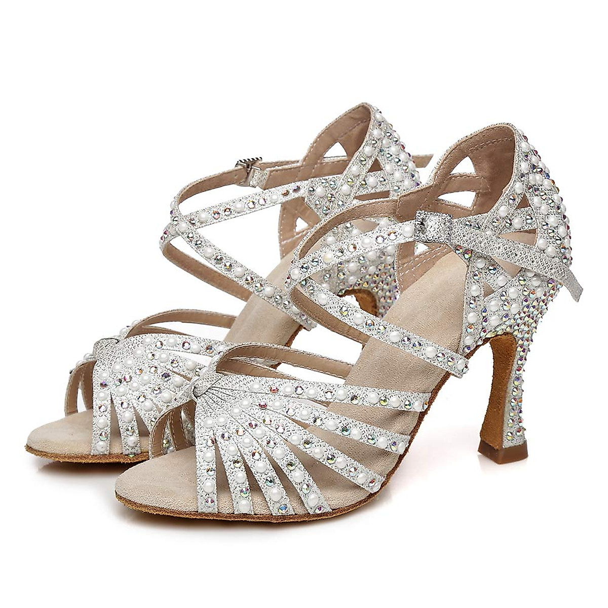 SWDZM Rhinestone Latin Dance Shoes for Women Ballroom Salsa Chacha Professional Performance Practice Dancing Shoes,YCL429-White-7.5,US 7