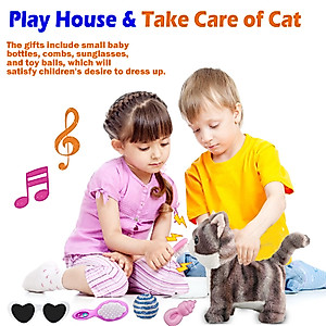 Gray Leash Walking Cat Set Singing That Purrs and Meows Animated Plush Robot Kitten Moving Plush Realistic Stuffed Animal Remote Control Cute Kawai Robotic Kitty Toy for Kid Girl Gift