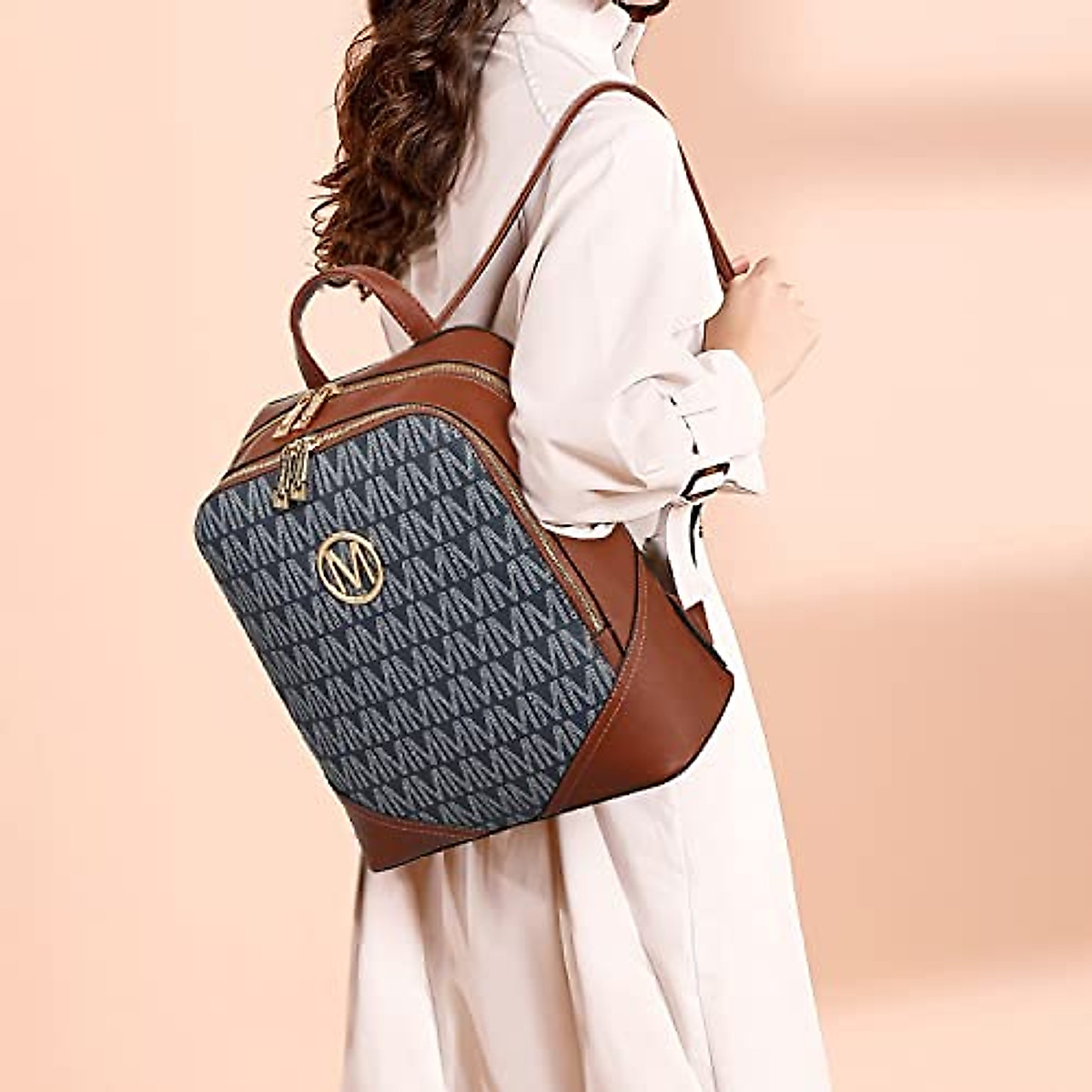 MKP Women Fashion Medium Anti-theft Backpack Purse (Coffee and Blue)
