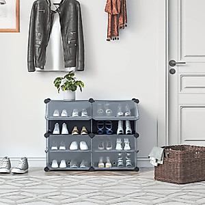 Shoe Rack Organizer, 4 Cube 8 Tier Covered Shoe Rack Cabinet 16 Pair Freestanding DIY Storage Shelves Plastic Shoe Rack for Closet Entryway Hallway Bedroom or Garage, Dark Grey