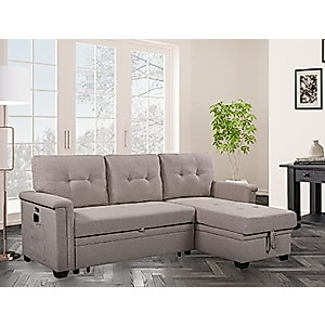 Acosure 84" Reversible Sectional Sofa with Two USB Charging Ports and Pocket,Pull-Out Sleeper Bed W/Storage & Tufted Seat,Easy to Install,for Apartment,Bedroom,(Light Gray)