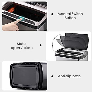 ELPHECO 50 Liter / 13.2 Gallon Rectangular Kitchen Trash Can, Brushed Stainless Steel Finish Motion Sensor Trash Can, Automatic Trash can for Kitchen, Living Room, Office, 3 AA Batteries (Excluded)