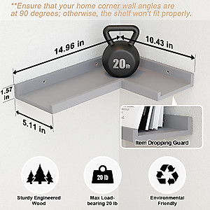 Boswillon 3 Tier Corner Floating Shelves with Protective Lip, Modern Corner Shelves Wall Mounted, Corner Ledge Shelves for Wall Decor, Grey Shelves for Living Room, Bedroom, Bathroom - Gray