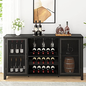 IBF Black Coffee Bar Cabinet, Liquor Cabinet with Wine Rack Storage, Industrial Kitchen Buffet Cabinet for Liquor and Coffee, Farmhouse Wine Cabinet for Home Living Dining Room, Black Oak, 55 Inch