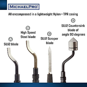 MichaelPro MP009068 Universal 4-in-1 Deburring Tool Set with Multi Blades, Handy & Portable Deburring Kit with 4-in-1 Blades for Steel/Stainless Steel, Aluminum, Plastic, Cast Iron- Black/Blue