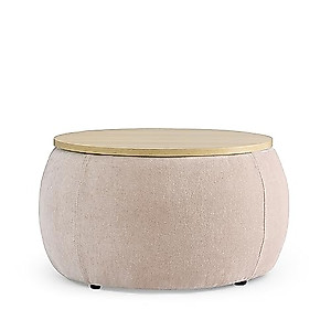 Kakotito Modern Round Storage Ottoman with Wooden Lid,Circle Ottoman Handmade Ottoman Coffee Table,End Table & Footstool for Living Room (Pink)