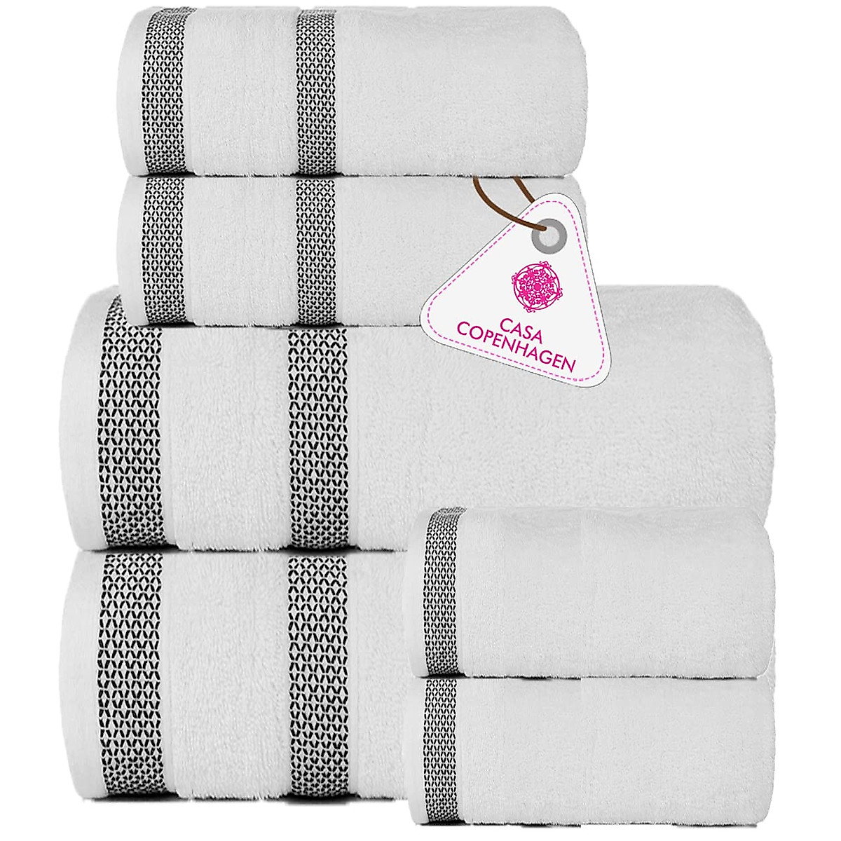 CASA COPENHAGEN Solitaire 6 Pieces Towel Set- Bright White, 600 GSM 2 Bath Towel 2 Hand Towel 2 Washcloth, Designed in Denmark Made of Soft Egyptian Cotton for Bathroom, kitchen & Shower