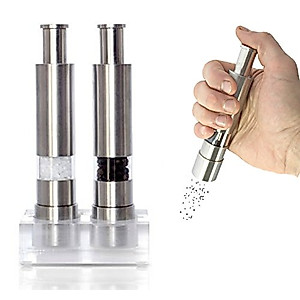 Grind Gourmet Salt and Pepper Grinder Set, Original Pump & Grind Peppermill are Refillable, Modern Thumb Press Grinder, Comes with Black Pepper, Sea Salt and Stand, Works With Himalayan Salts
