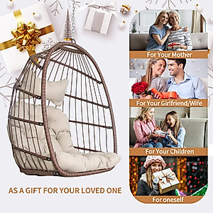 Nicesoul Outdoor Hanging Egg Chair Without Stand, Patio Wicker Swing Egg Basket Chairs with Padded Cushions, Ceiling Tree Swinging Egg-Shaped Chair No Stand for Indoor Bedroom Balcony Porch, Brown