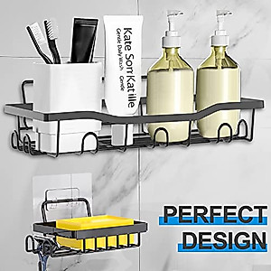 Woseito 3-Pack Shower Caddy, Adhesives Bathroom Organizers With Soap Dish Holder， No Drilling Shower Shelf, Stainless Steel Shower Rack With Hooks, Mounted for Bathroom & Toilet Table (Matte Black)