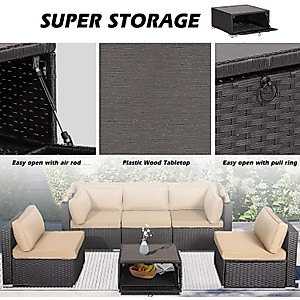 LEISU 6-Piece Outdoor Patio Rattan Daybed Furniture Set with Retractable Canopy, Adjustable Backrest,Holiday Sectional Chaise Longue Sofa Set for Backyard Poolside Garden (Khaki)