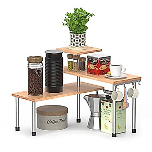 3 Tier Corner Shelf Bamboo Countertop Organizer Bookshelf Display Shelves Space Saving Rack for Living Room, Kitchen, Office (with Hooks)