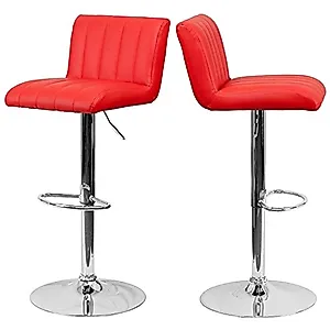 Contemporary Bar Stool Vertical Line Design Hydraulic Adjustable Height 360-Degree Swivel Seat Sturdy Steel Frame Chrome Base Dining Chair Bar Pub Stool Home Office Furniture - Set of 2 Red #1983