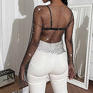 GENBREE Mesh Tank Top Rhinestone Body Chain Glitter Long Sleeve Cover up Crop Tops Elastic Fishnet Body Jewelry Accessories for Women and Girls