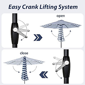 Tempera 9ft Patio Market Outdoor Table Umbrella with Push Button Tilt and Crank,Large Sun Umbrella with Sturdy Pole&Fade resistant canopy,Easy to set, Blue White Stripe