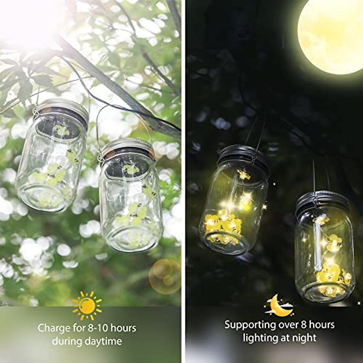 Mason Jar Light Hanging Solar Lantern Outdoor Lights Waterproof Decorative, Solar Garden Light with 10 pcs Butterfly LED Lights, Landscape Lights for Home or Yard Decor, 2 Pack.