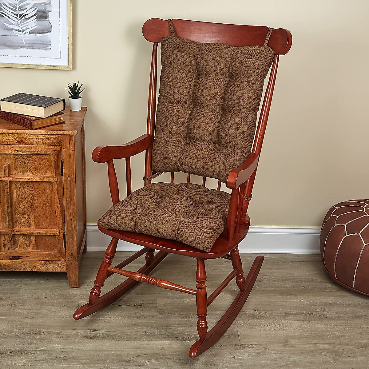 Klear Vu Omega Non-Slip Rocking Chair Cushion Set with Thick Padding and Tufted Design, Includes Seat Pad & Back Pillow with Ties for Living Room Rocker, 17x17 Inches, 2 Piece Set, Brown