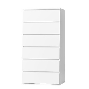 FOTOSOK White Dresser, 6 Drawer Dresser, Modern Tall Floor Storage Cabinet with Metal Sliding Rail, Wooden Handleless Drawer Cabinet, 6-Layer Large Capacity Vertical Dressers for Home & Office