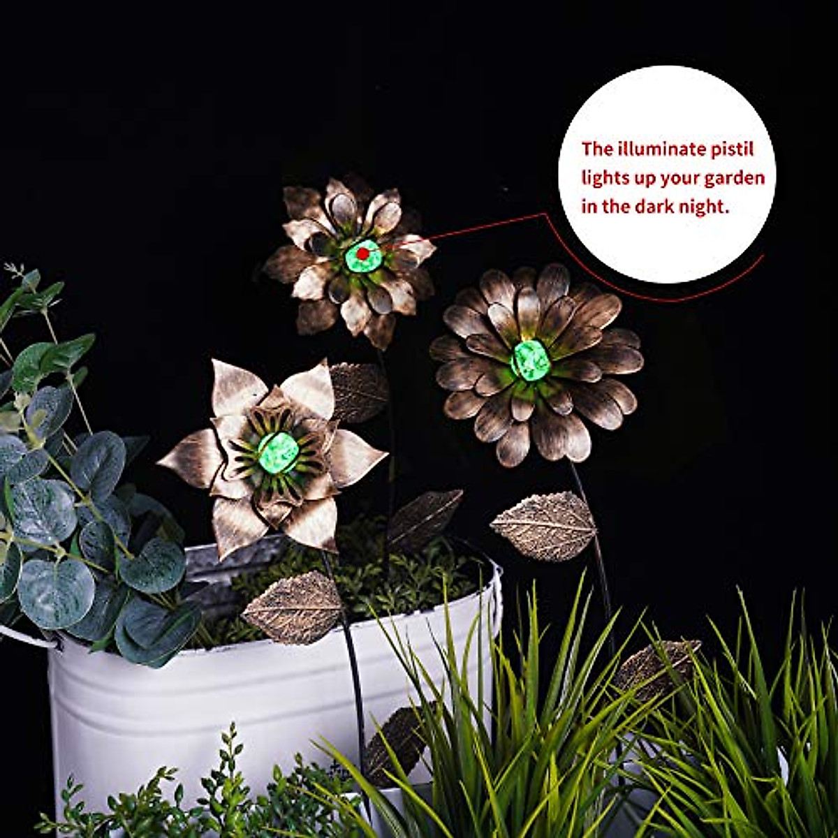 Flower Garden Stake Decor Metal Outdoor Flower Glow in Dark Yard Lawn Ornaments Decor,Set of 3,Gold Flower