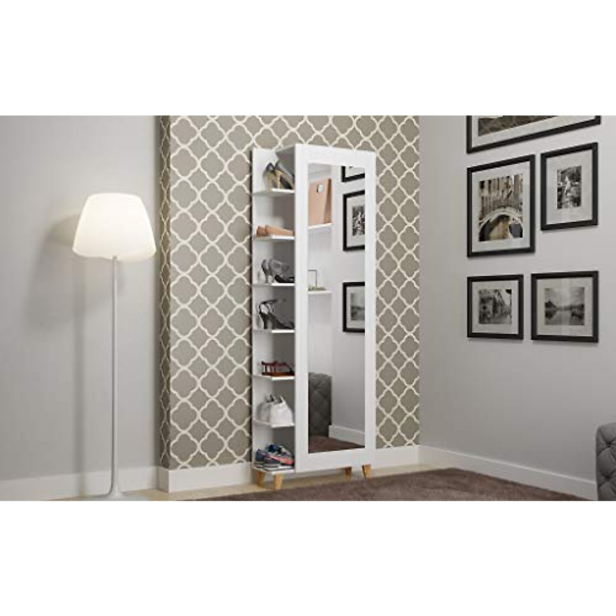 Manhattan Comfort Minetta Mid Century Modern 7-Shelf Shoe Closet with Mirror, 74.4", White