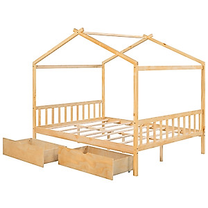 Harper & Bright Designs Full House Bed for Kids, Wooden Full Size House Bed Frame with Two Drawers, Full Storage Bed with Headboard and Footboard,Roof Design for Girls Boys, Natural