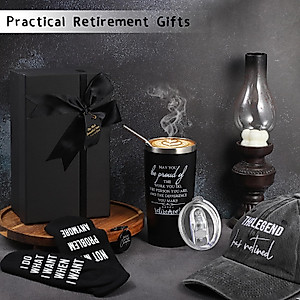 Skylety Set of 5 Retirement Gifts for Men 20 oz Stainless Steel Tumbler Retirement Sign Adjustable Hat Cap Funny Retirement Socks Enjoy the Next Chapter Keychain with Gift Box for Coworker Officer Dad