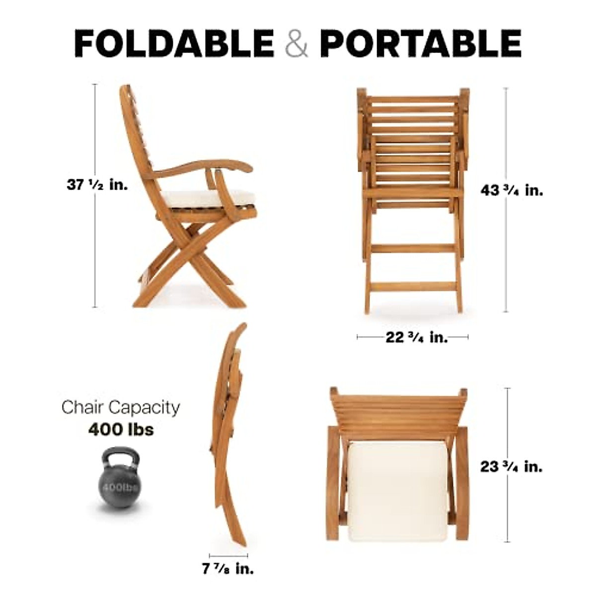 IDZO, Percy Wood Folding Chairs Heavy Duty 400lbs Capacity Set of 2 w/Cushion, FSC Acacia Outdoor Furniture, Teak Finish, Fully Assembled, Beige