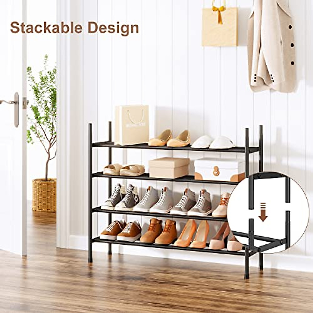 FANHAO 2-Tier Expandable Shoe Rack, Stackable and Adjustable Shoes Organizer Storage Shelf for Closet Entryway, 100% Stainless Steel Sturdy Shoe Shelf, Matte Black