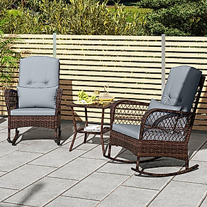 Tangkula 3 Piece Patio Rocker Set, Patiojoy Outdoor Wicker Rocking Chairs w/Double-Layer Coffee Table, Rattan Rocker Chair Set w/Seat Back Cushions & Pillows, for Porch, Backyard, Poolside (Grey)