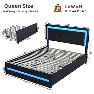DYHOME Queen Bed Frame with LED Lights and 4 Storage Drawers, Upholstered Platform LED Bed Frame Queen Size with Charging Station Button PU Leather Headboard, No Box Spring Needed, Black