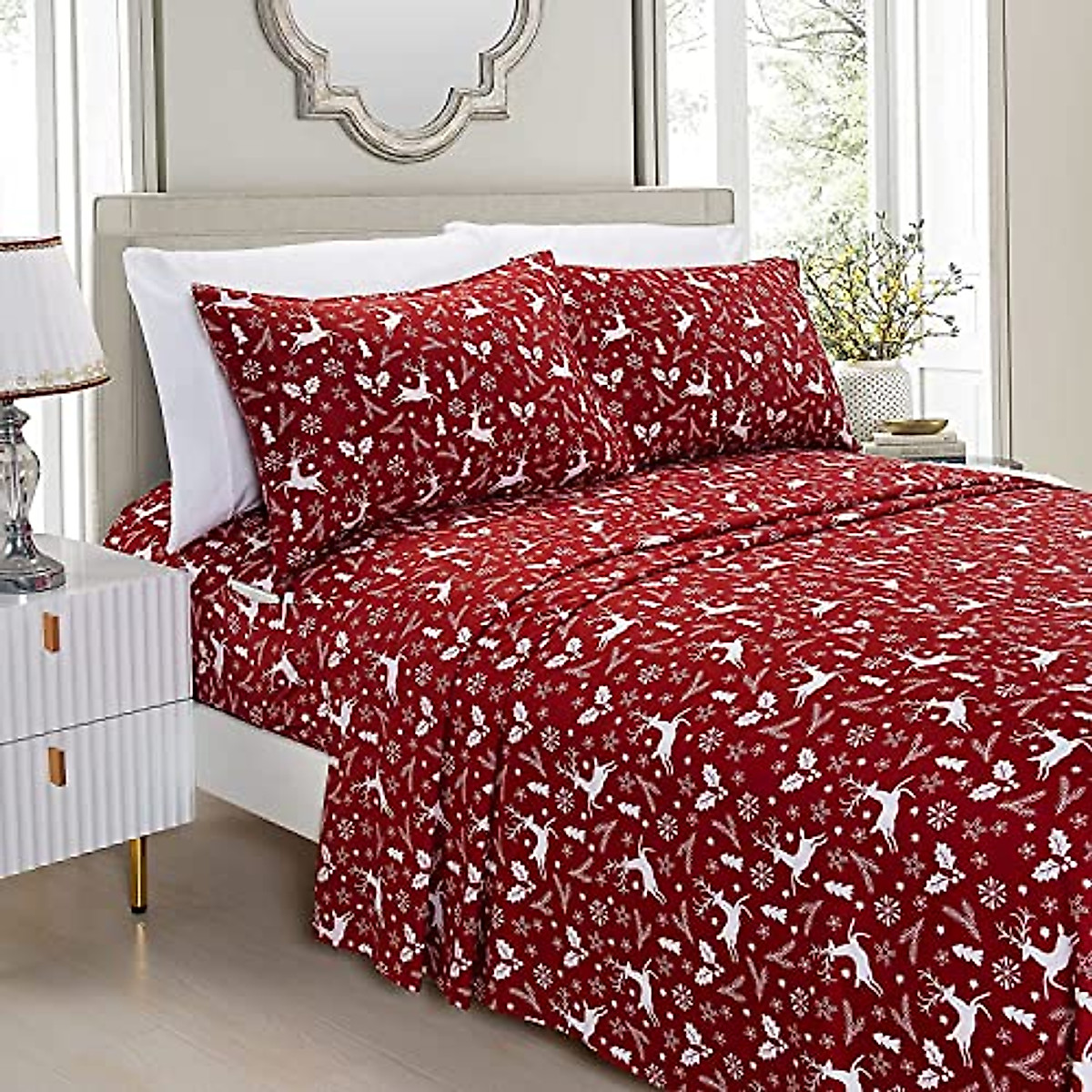 Elegant Comfort Holiday Printed 6-Piece Sheet Set, 1500 Thread Count, Breathable and Super Soft Material, Wrinkle Resistant, Fitted Sheets with Smart Pockets, 6PC King, Burgundy Reindeer