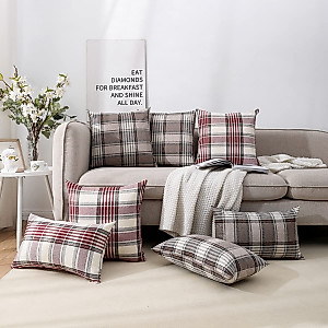 CARRIE HOME Red Christmas Tartan Plaid Pillow Covers 18x18 Set of 2 Farmhouse Buffalo Plaid Red Striped Throw Pillow Cover for Living Room Couch Sofa