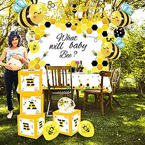 GREPARPY What Will It Bee Gender Reveal Party Decorations, Bumble Bee Baby Shower Supplies Include Banner, Tablecloth, Backdrop, Balloons, Boxes, Topper, Honey Bumble Bee Theme Party Decorations