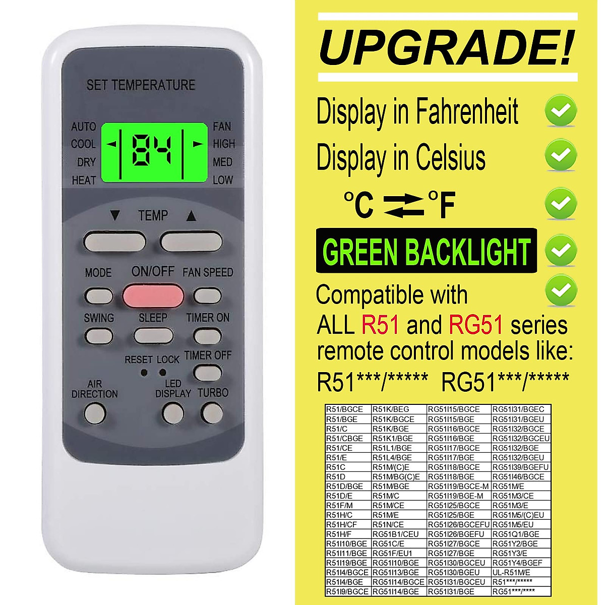 Replacement Air Conditioner Remote Control for Goodman Tgm Midea miller R51I4/BGE R51I4/BGCE UL-R51M/E R51I11/BGE R51L4/BGE R51/CBGE R51/CE R51M/E R51M/CE (B)