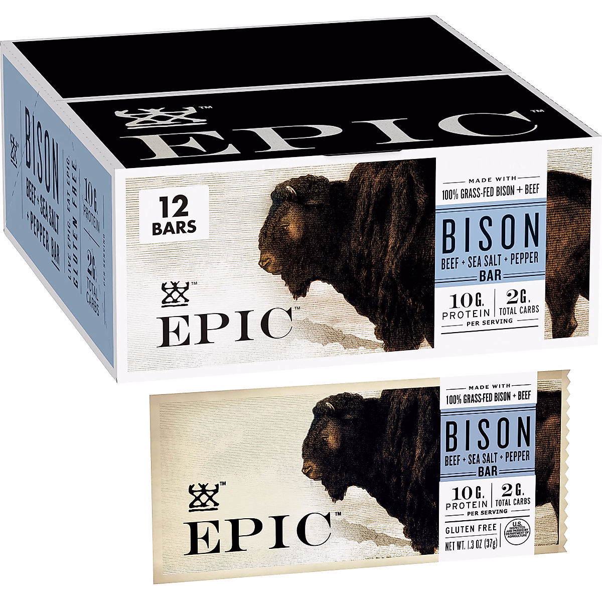 EPIC Protein Bars, Bison Beef Sea Salt Pepper Paleo Friendly, 1.3 oz, 12 ct