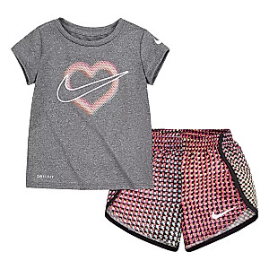 Nike Little Girls' Dri-FIT Pixel T-Shirt and Shorts 2 Piece Set (Black(26H451-023)/Pink, 24 Months)
