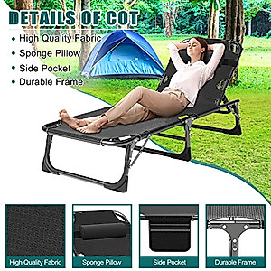 DoCred Folding Lounge Chair with Mattress, 4 Position Adjustable Folding Sleeping Bed Cot Chaise Lounge Chairs Perfect for Sunbathing, Camping, Pool, Beach, Patio