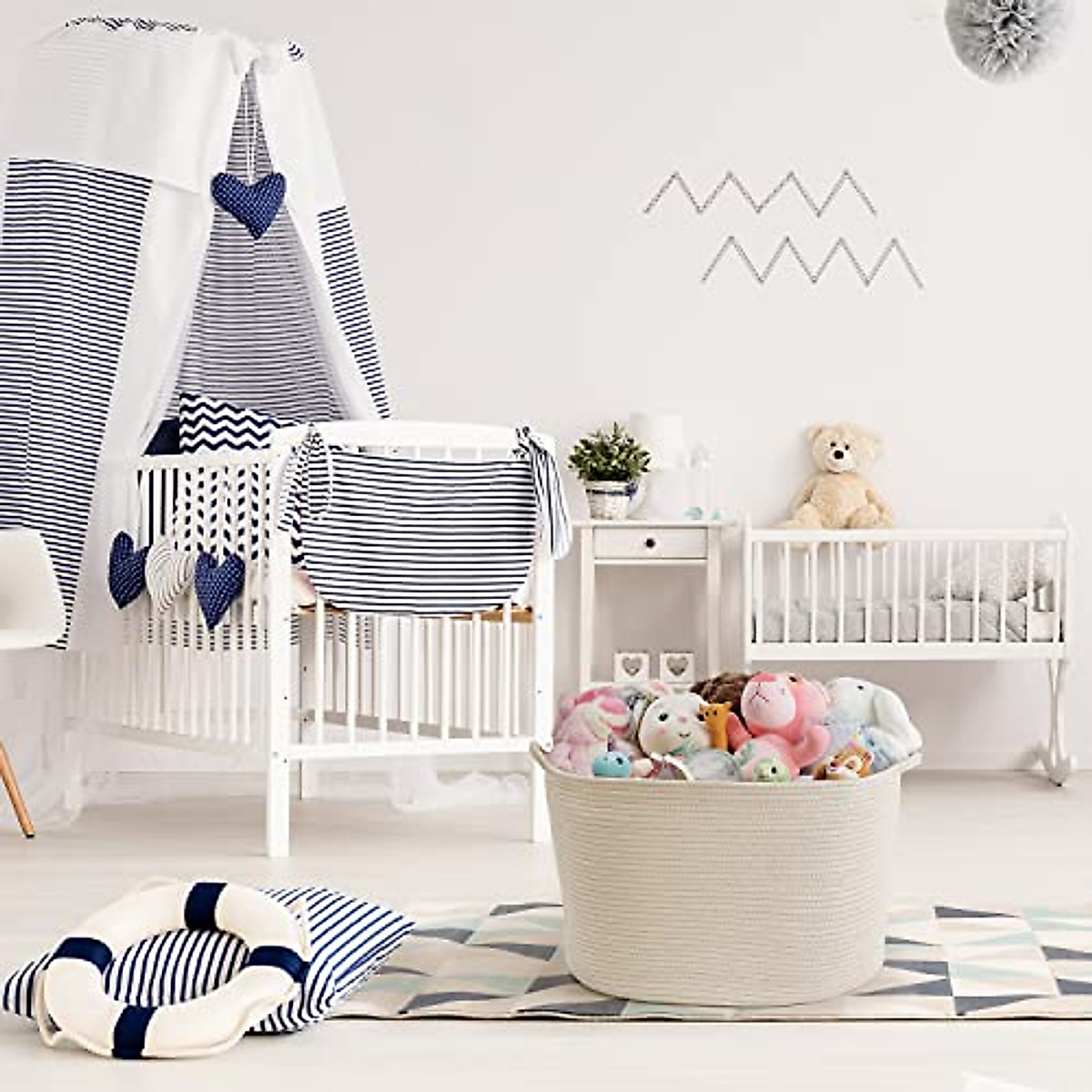 Maliton Extra Large Blanket Basket, Woven Cotton Rope Basket for Toys Towels, Pillow Basket with Handles, Nursery Laundry Basket with Storage Pockets, 20" x 13" Large Rope Baskets for Storage - White